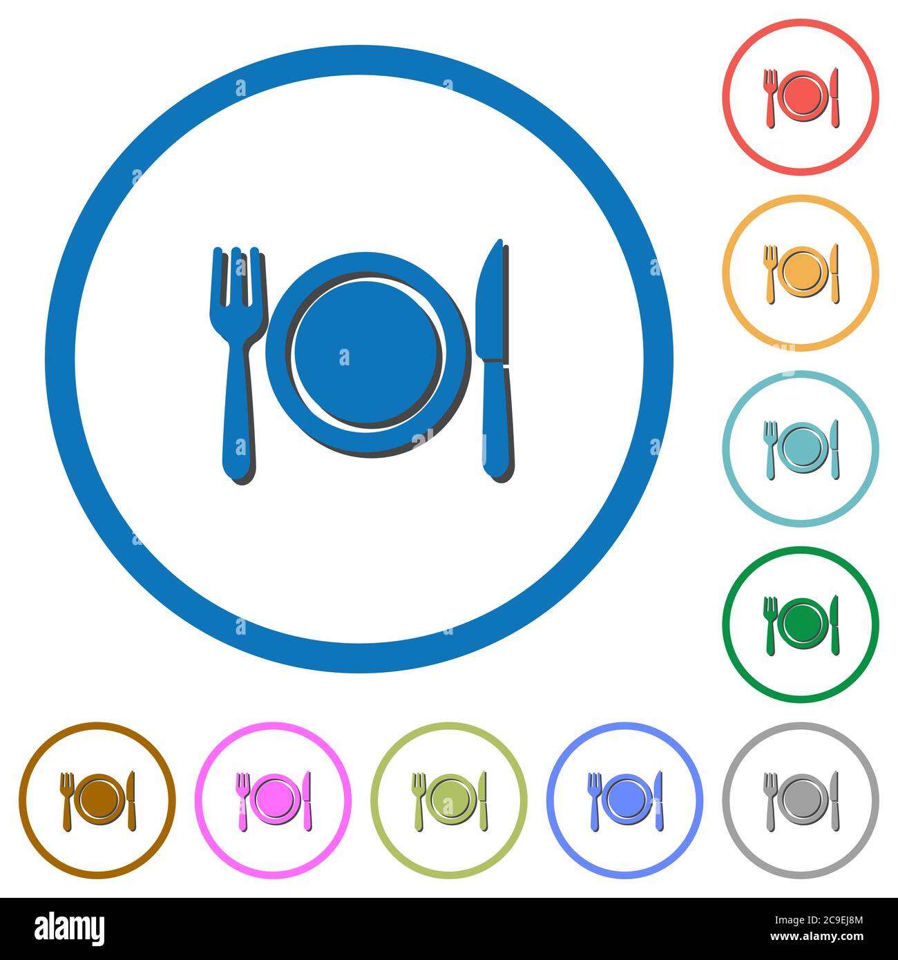 Dinner flat color vector icons with shadows in round outlines on white ...