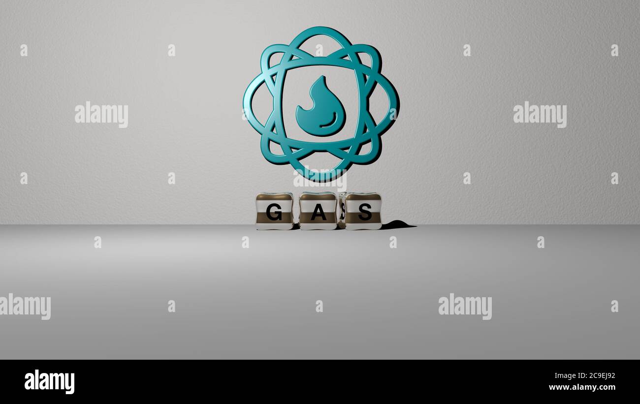 3D illustration of gas graphics and text made by metallic dice letters ...