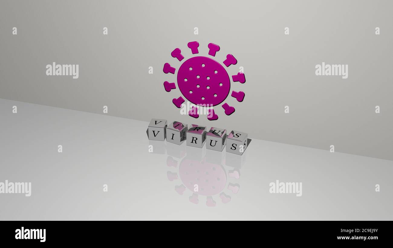 3D illustration of VIRUS graphics and text made by metallic dice ...