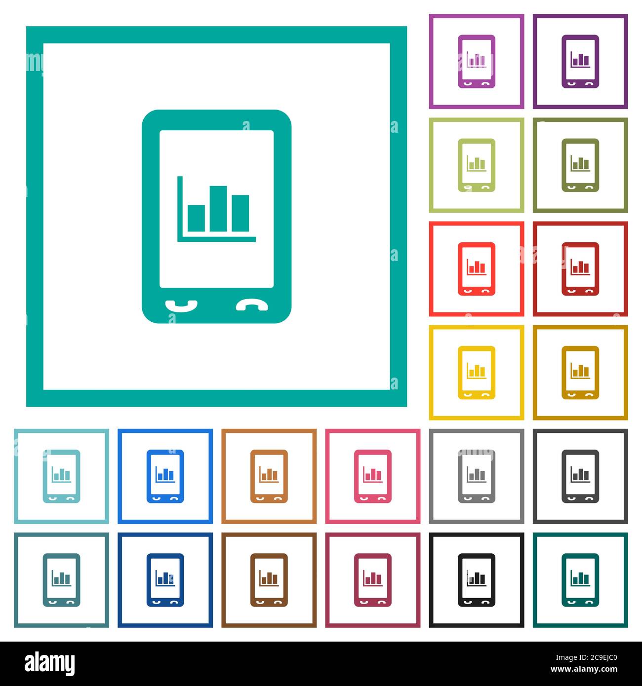 Mobile statistics flat color icons with quadrant frames on white ...