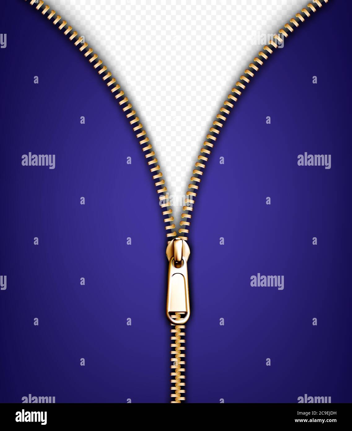 Zip fastener, open gold metal zipper with puller on purple fabric. Unzip clothing hardware ...