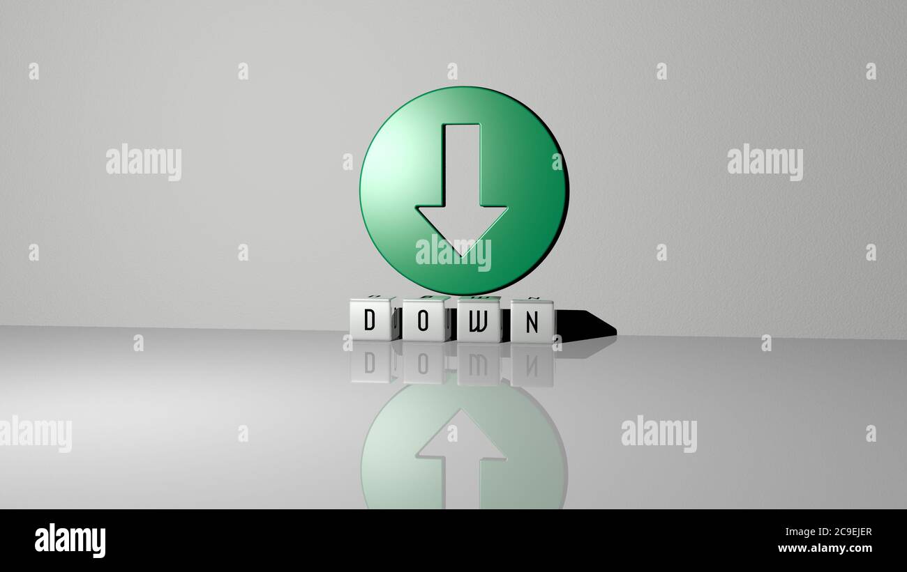3D illustration of DOWN graphics and text made by metallic dice letters ...