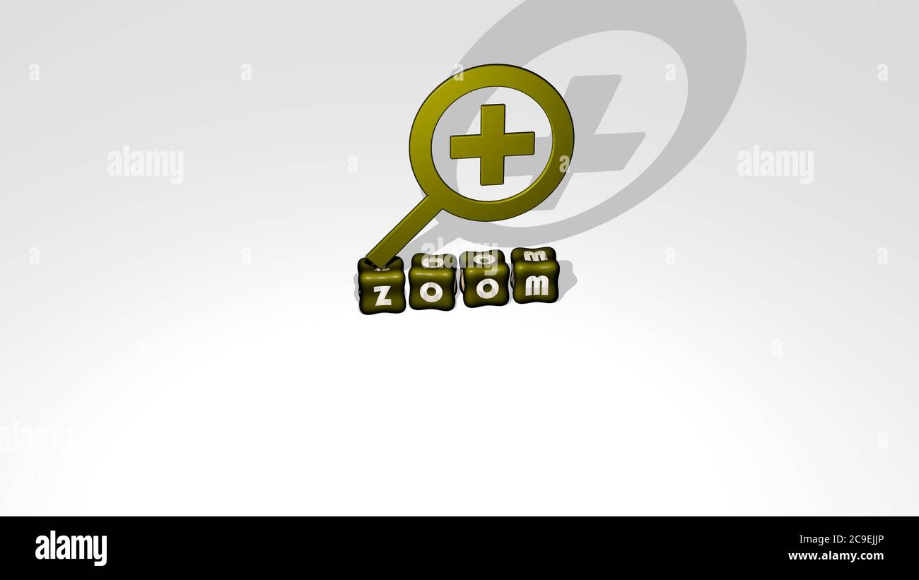 3D illustration of zoom graphics and text made by metallic dice letters ...