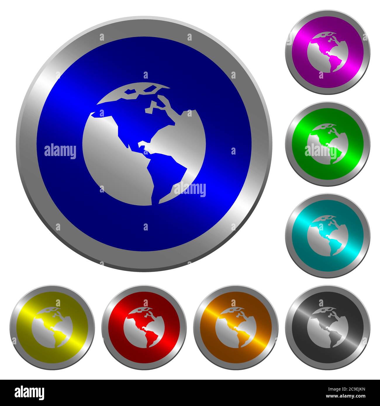 Earth icons on round luminous coin-like color steel buttons Stock ...