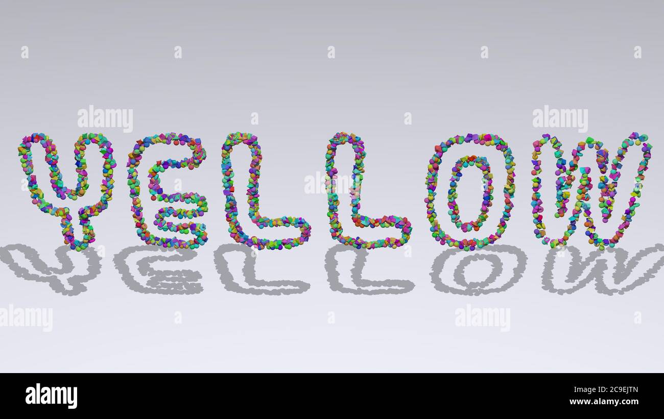 YELLOW: 3D illustration of the text made of small objects over a white ...