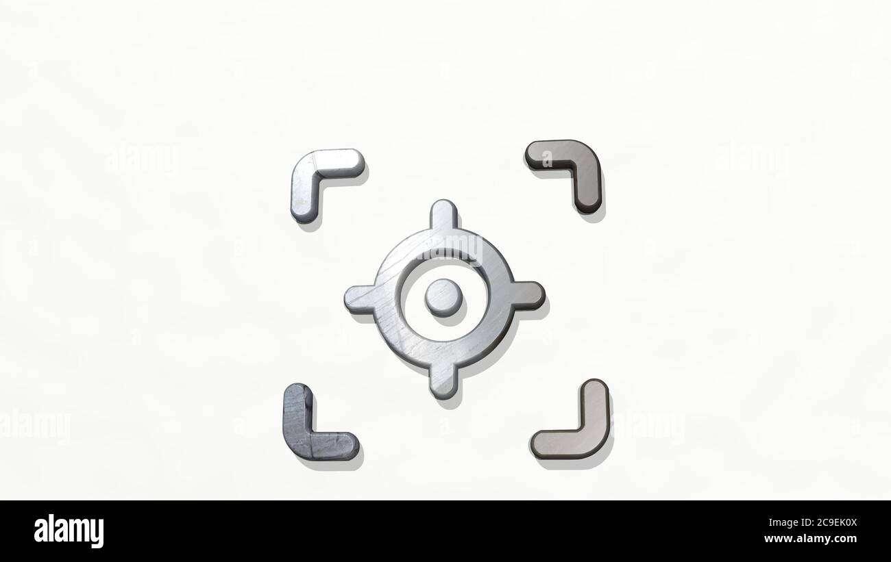 focus frame target on the wall. 3D illustration of metallic sculpture ...