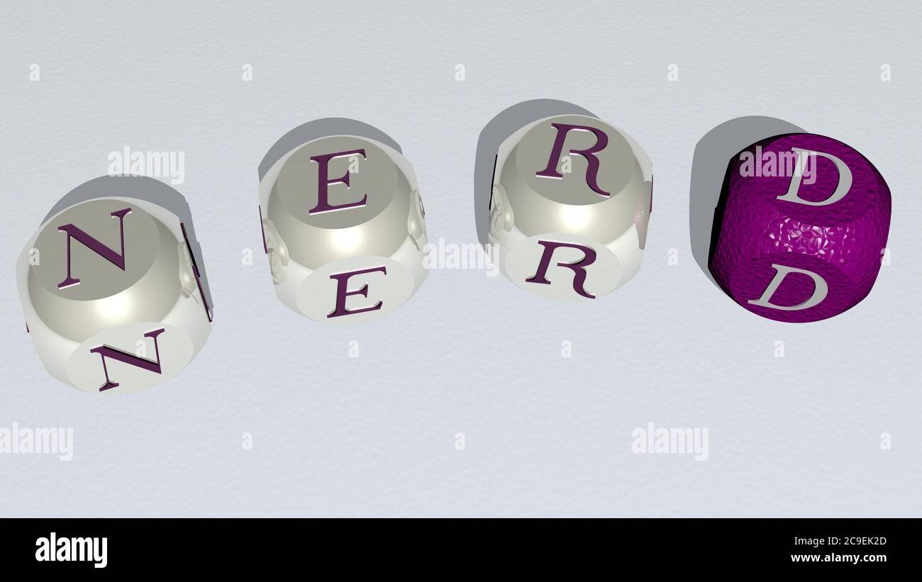 crosswords of NERD arranged by cubic letters on a mirror floor, concept ...