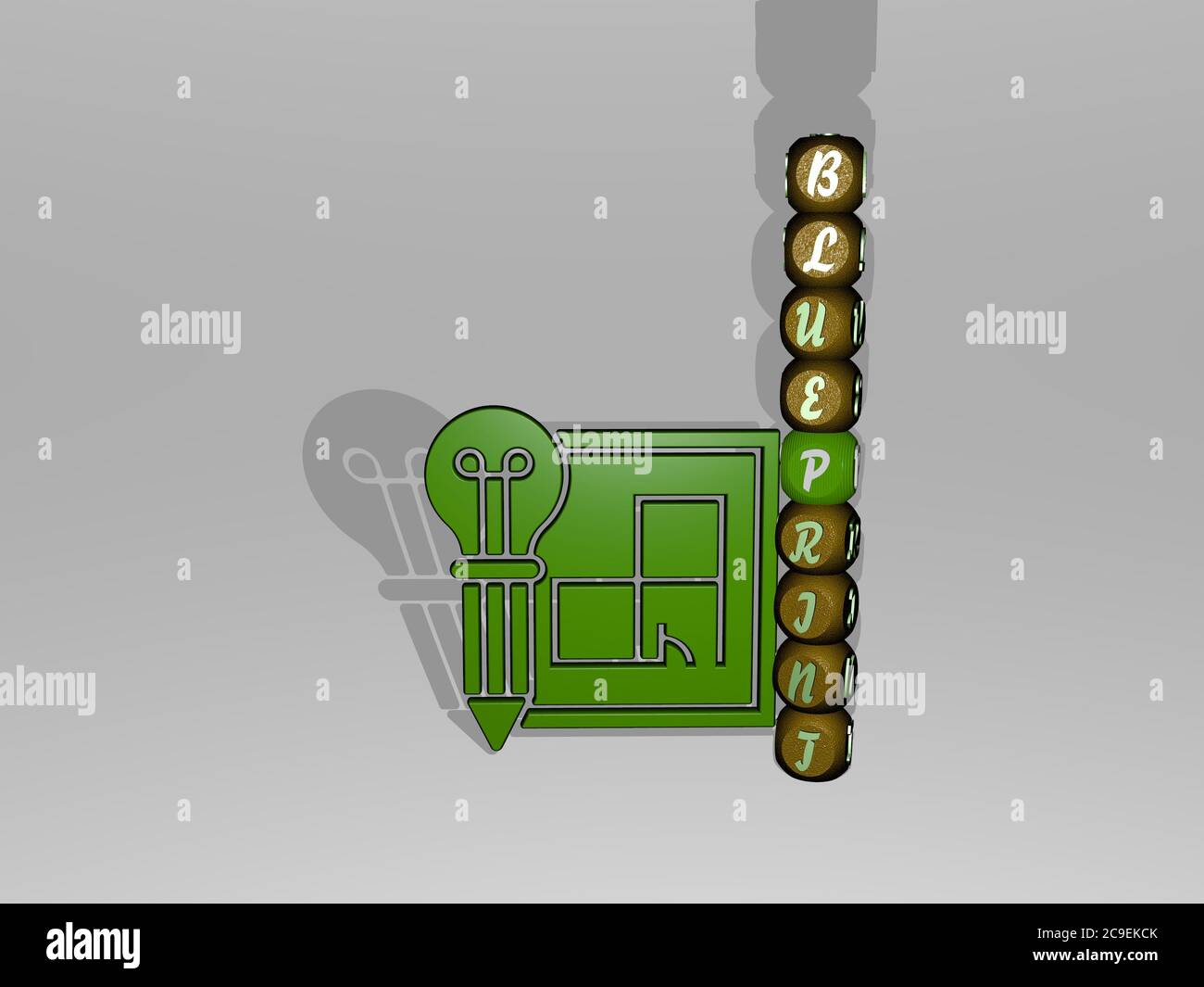 3D representation of BLUEPRINT with icon on the wall and text arranged ...