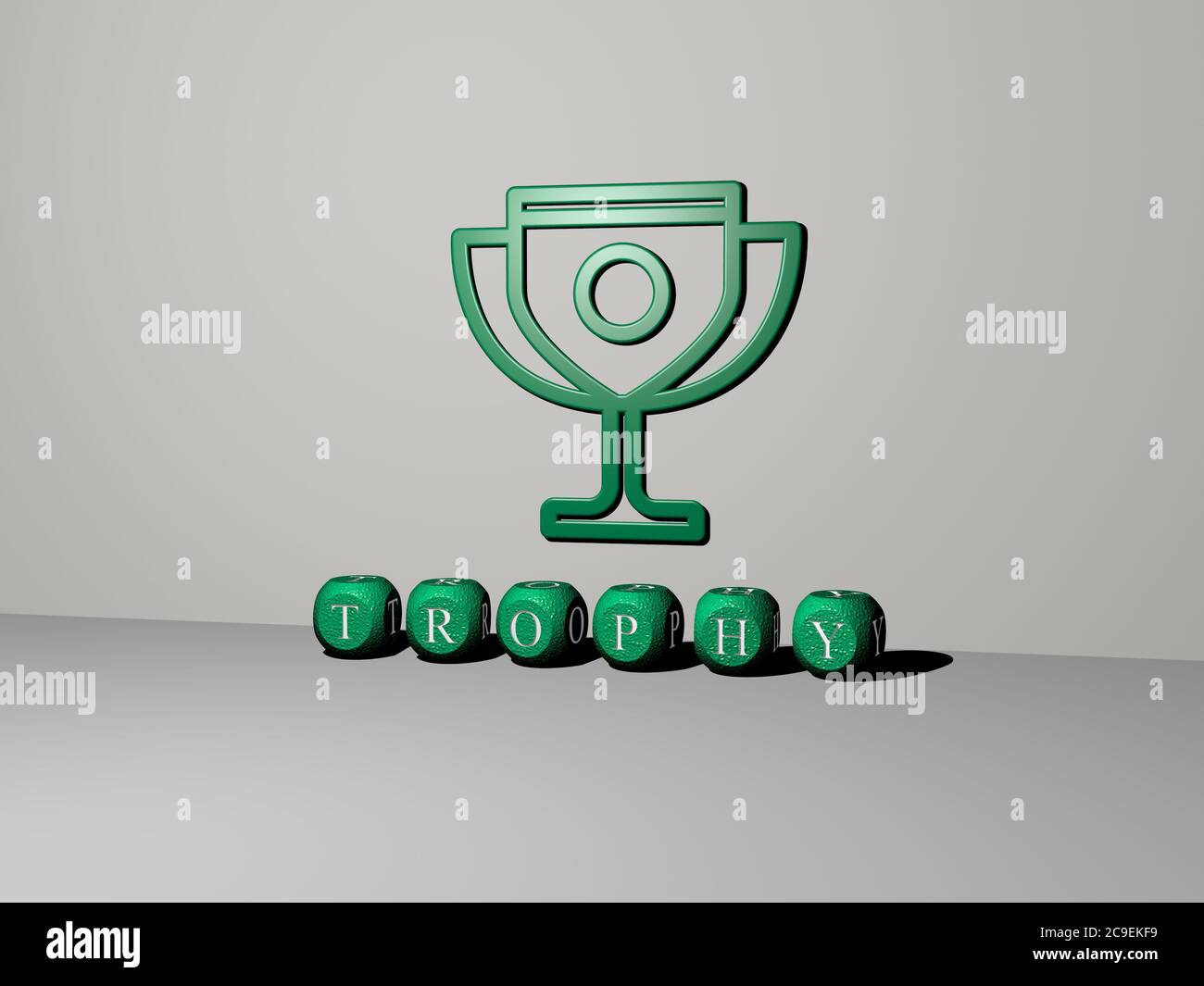 3D representation of TROPHY with icon on the wall and text arranged by ...