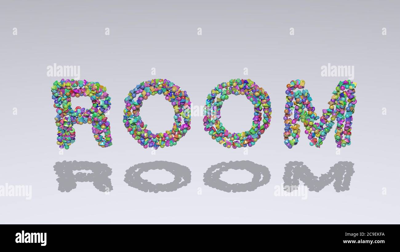 room: 3D illustration of the text made of small objects over a white ...
