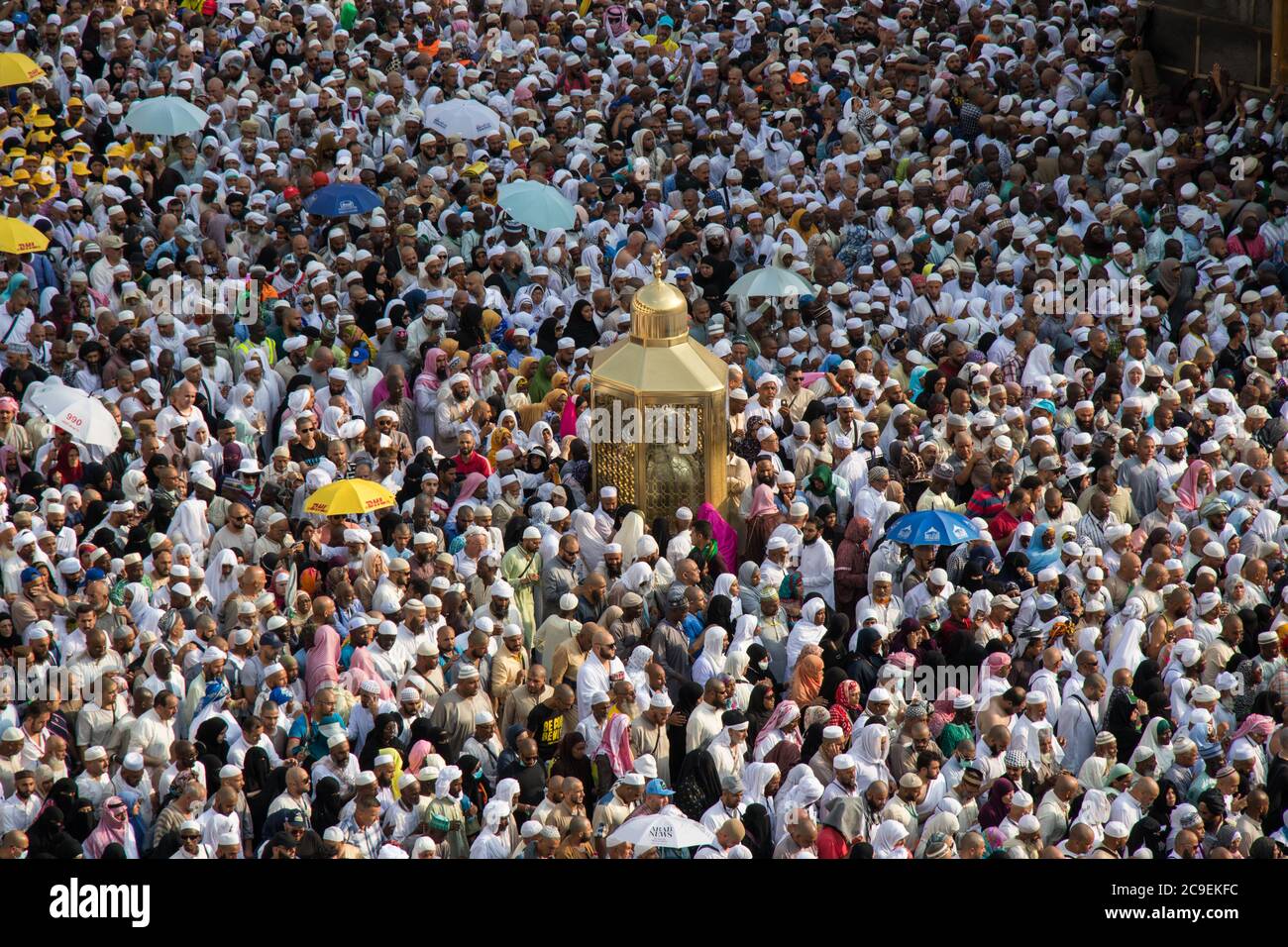 Magam Ibrahim in the Masjid Haram in Mecca city. Muslim pilgrims walk ...