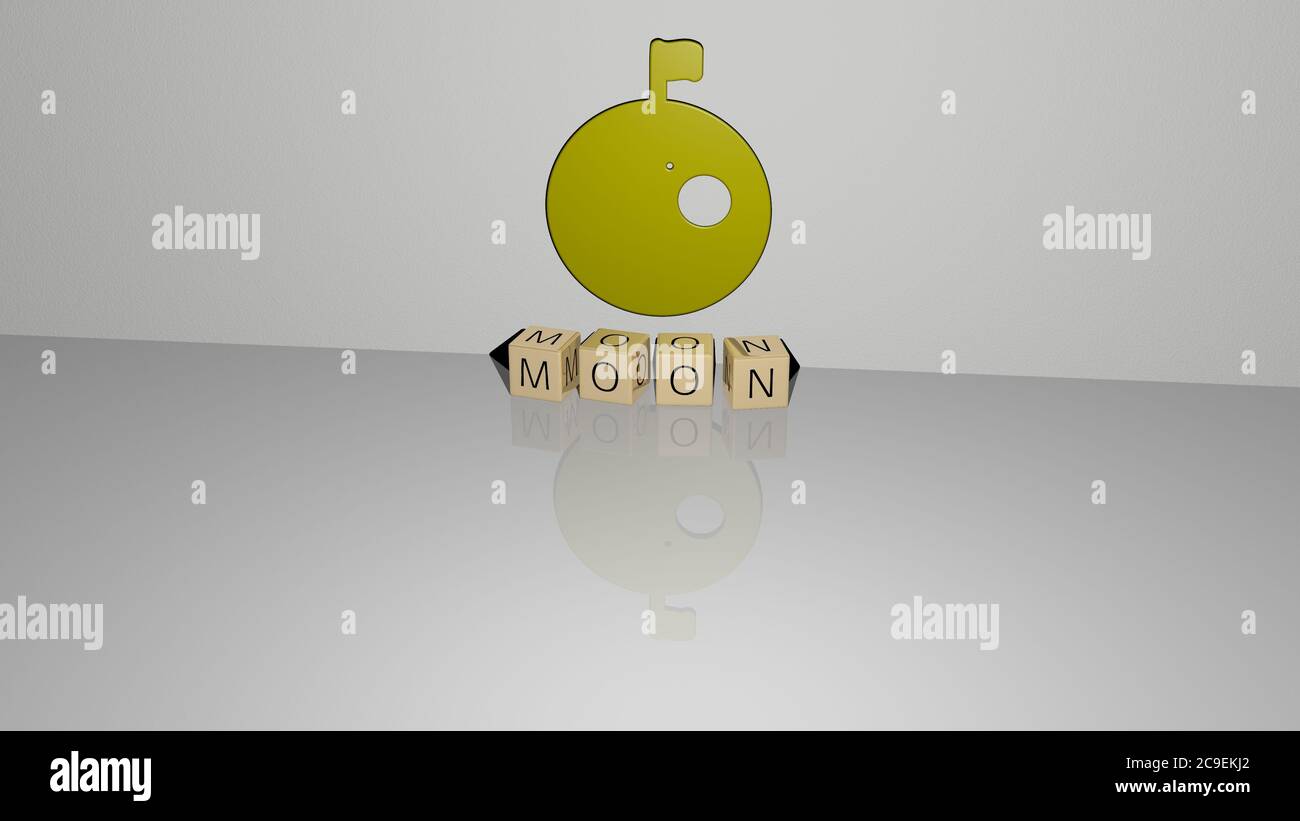 3D graphical image of MOON vertically along with text built by metallic ...