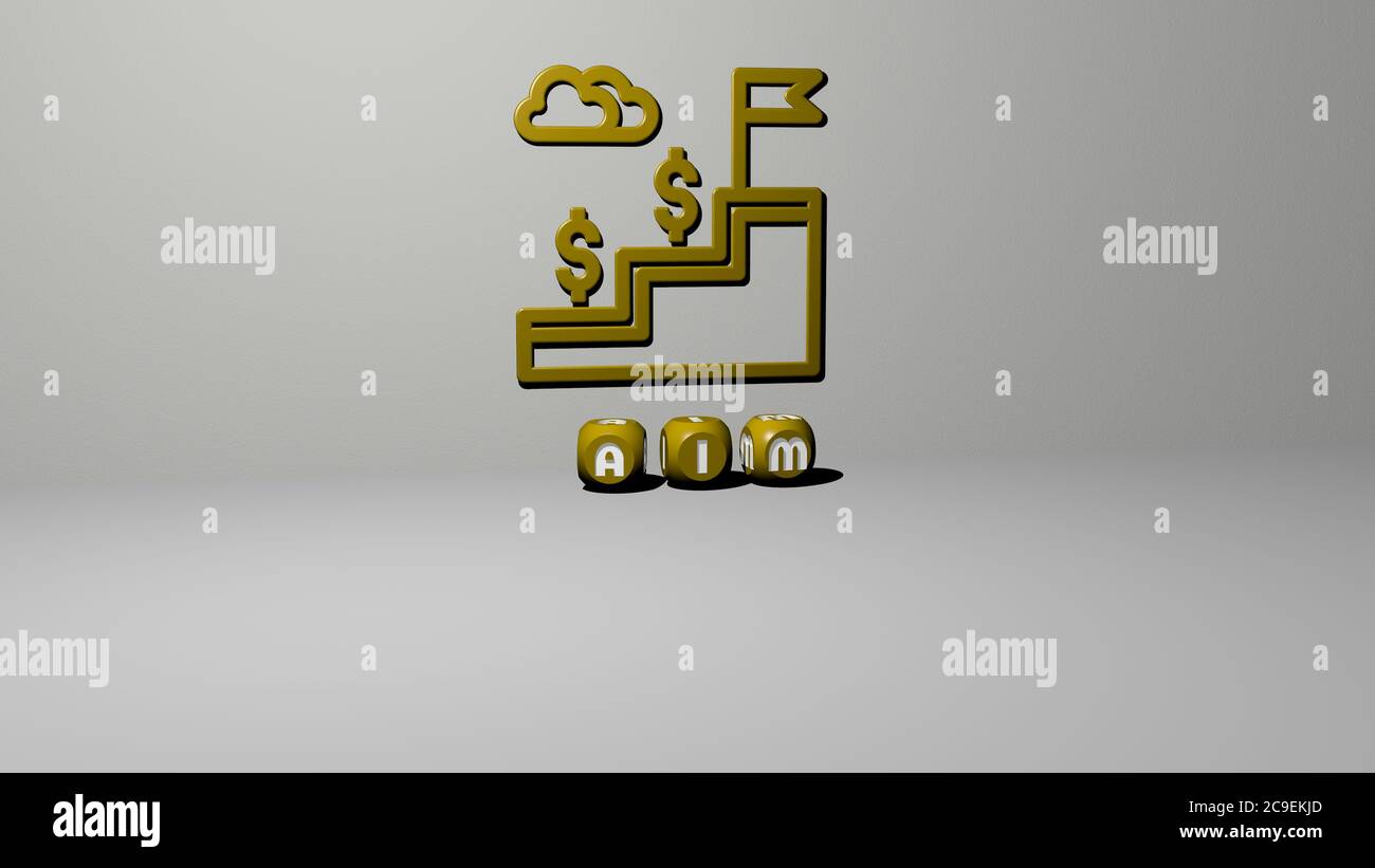 3D illustration of AIM graphics and text made by metallic dice letters ...