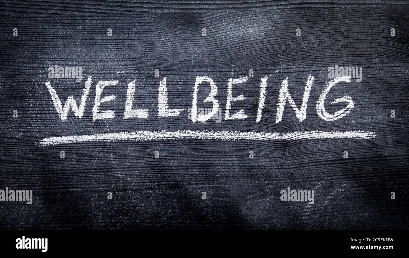 WELLBEING. Black painted wood and inscription with chalk. Texture and ...