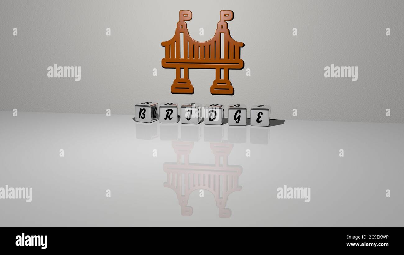 3D illustration of bridge graphics and text made by metallic dice ...