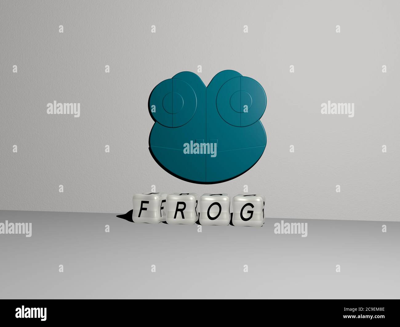 3D illustration of frog graphics and text made by metallic dice letters ...