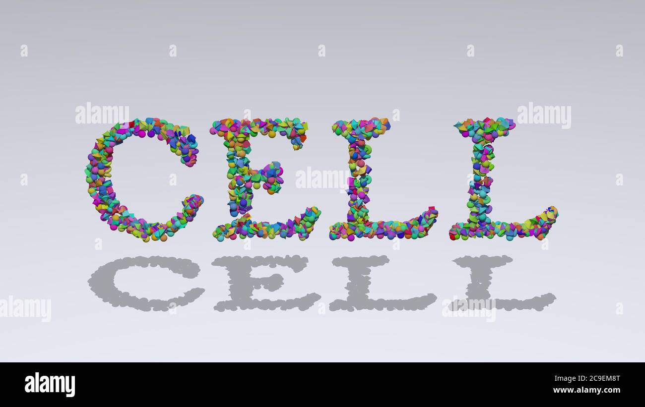 Colorful 3D writting of CELL text with small objects over a white ...