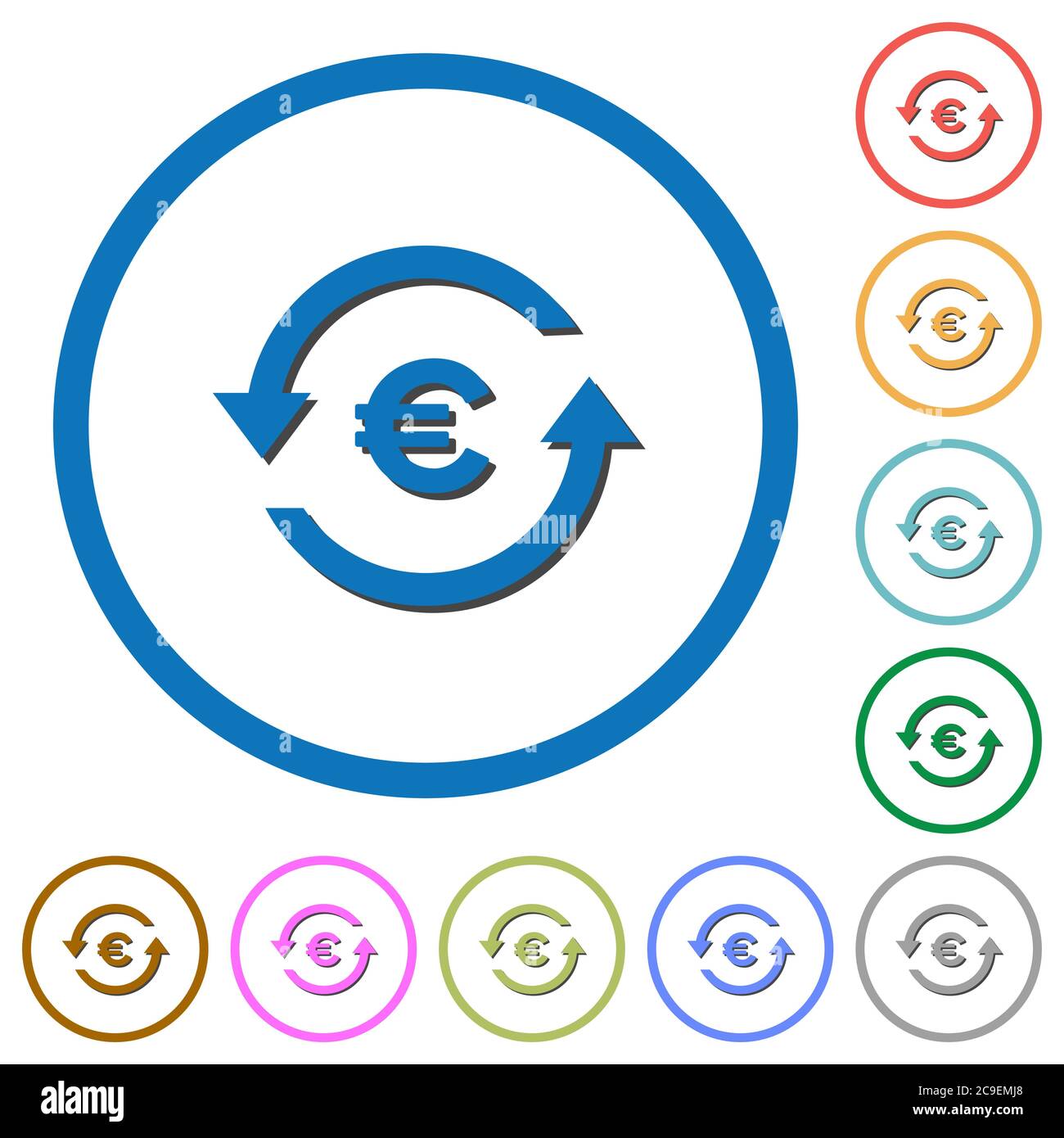 Euro pay back flat color vector icons with shadows in round outlines on ...