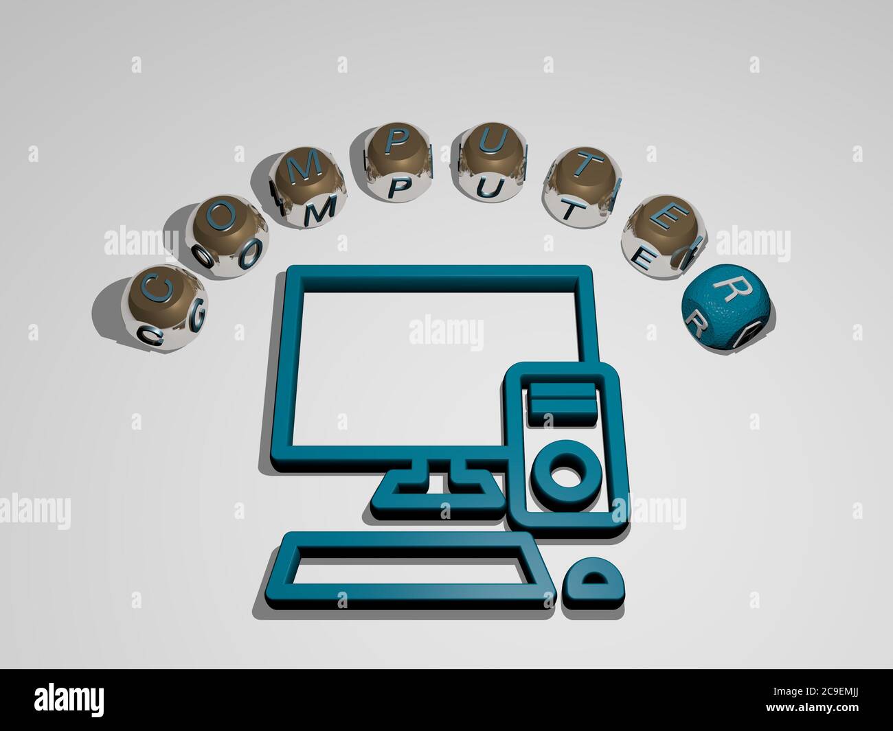 3D graphical image of computer vertically along with text built around ...