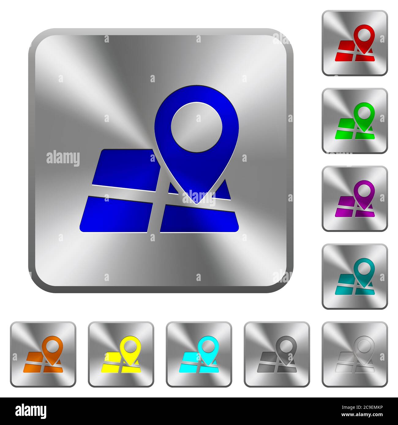 Location pin on map engraved icons on rounded square glossy steel ...