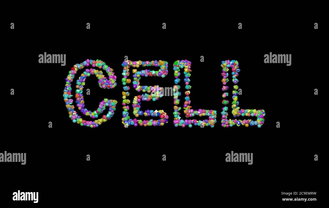 CELL: 3D illustration of the text made of small objects over a black ...