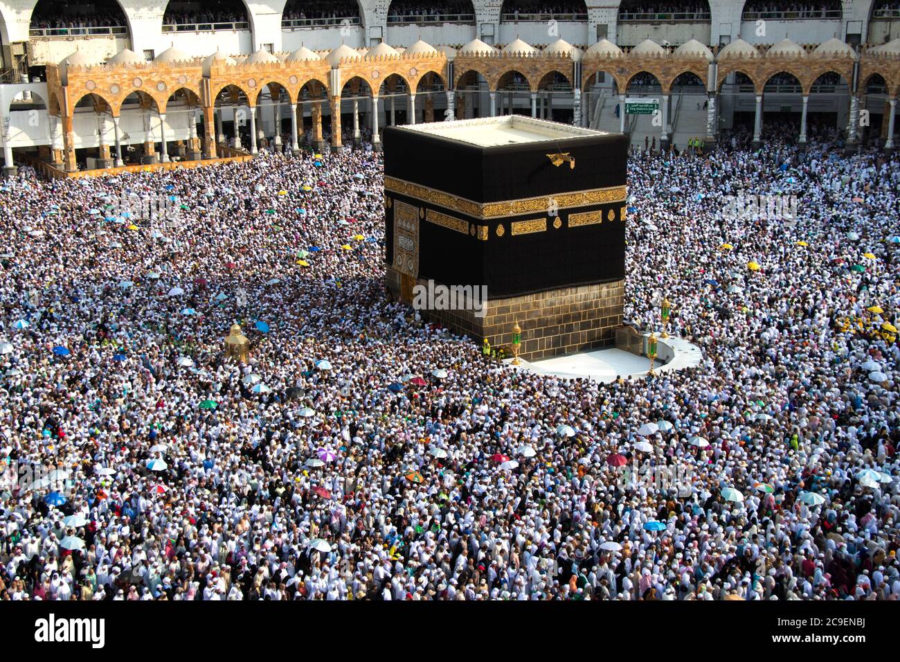 Holy Kaaba. Crowd of muslims walking around Kaaba for Tawaf during Hajj ...