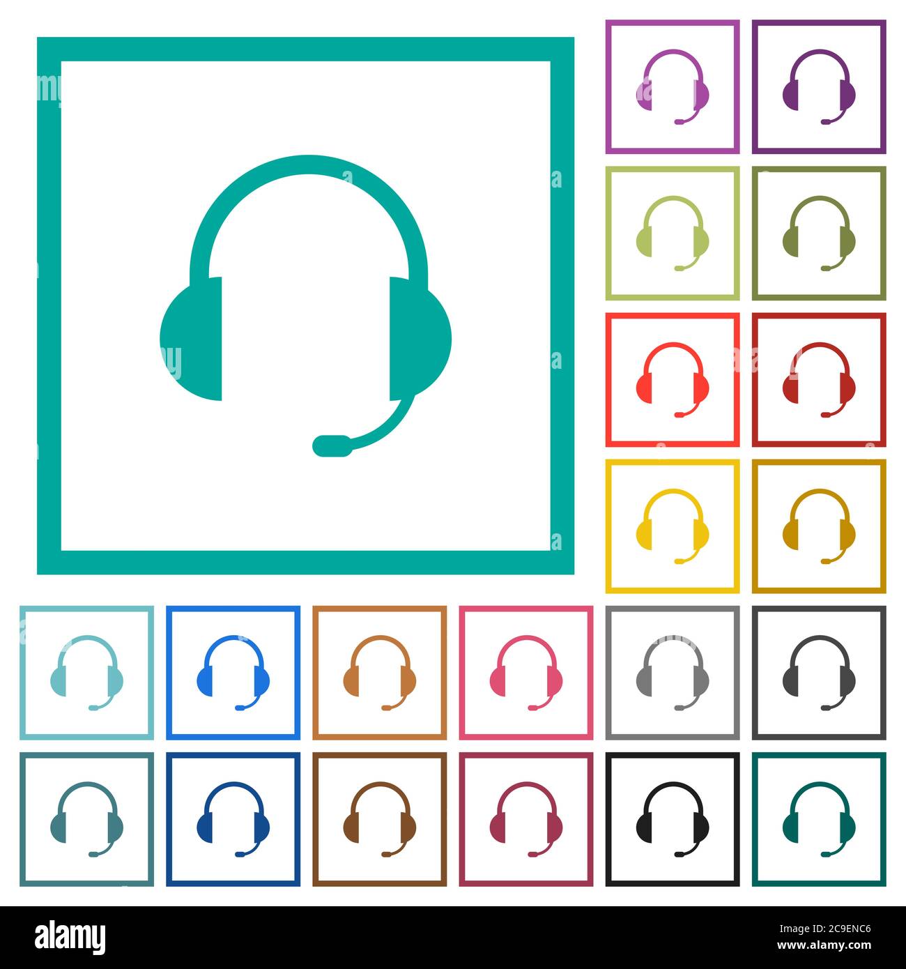 Headset with microphone flat color icons with quadrant frames on white ...