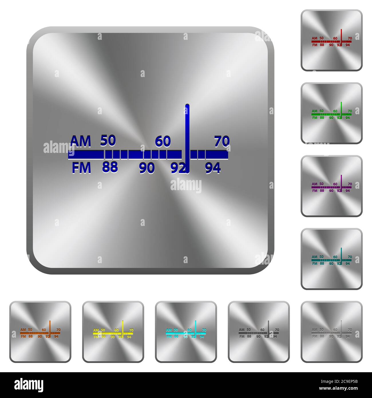 Radio tuner engraved icons on rounded square glossy steel buttons Stock ...