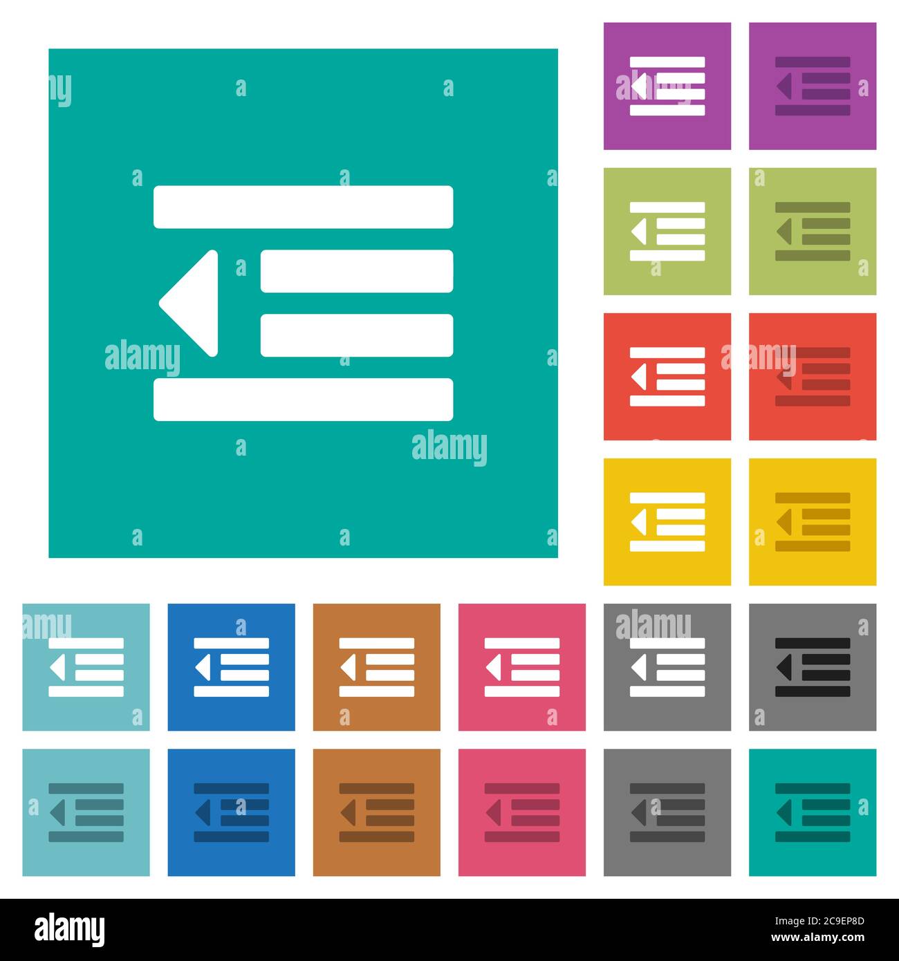 Decrease text indentation multi colored flat icons on plain square backgrounds. Included white ...