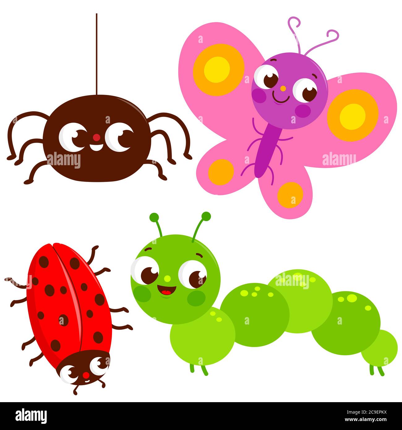 Set of cute colorful bugs. A spider, a butterfly, a beetle and a ...