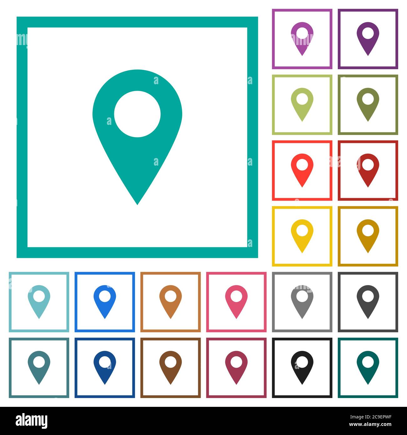 Blank GPS map location pin flat color icons with quadrant frames on ...