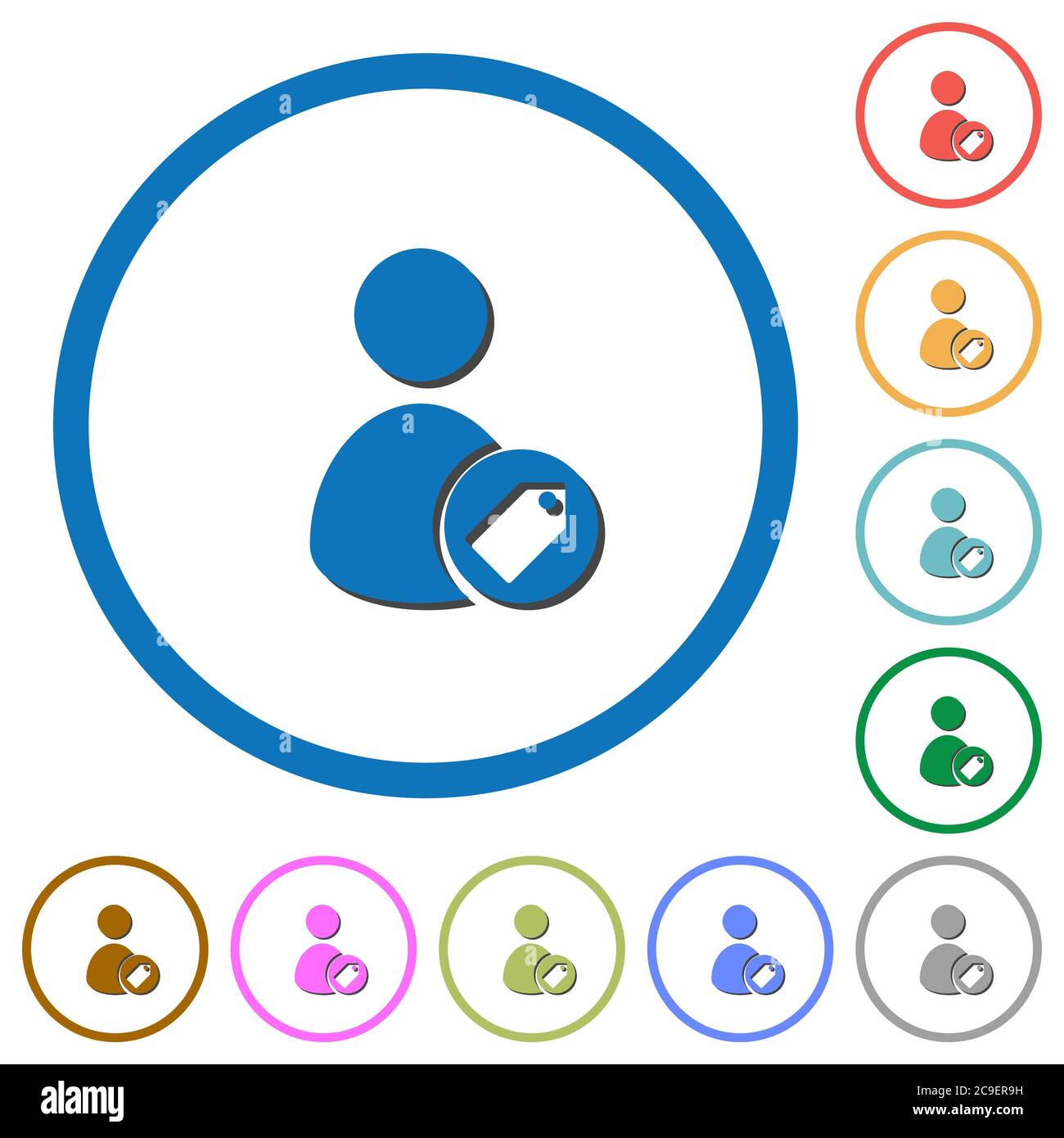 Tagging user flat color vector icons with shadows in round outlines on ...