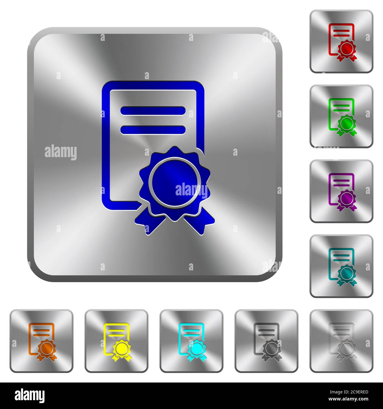 Certificate engraved icons on rounded square glossy steel buttons Stock ...