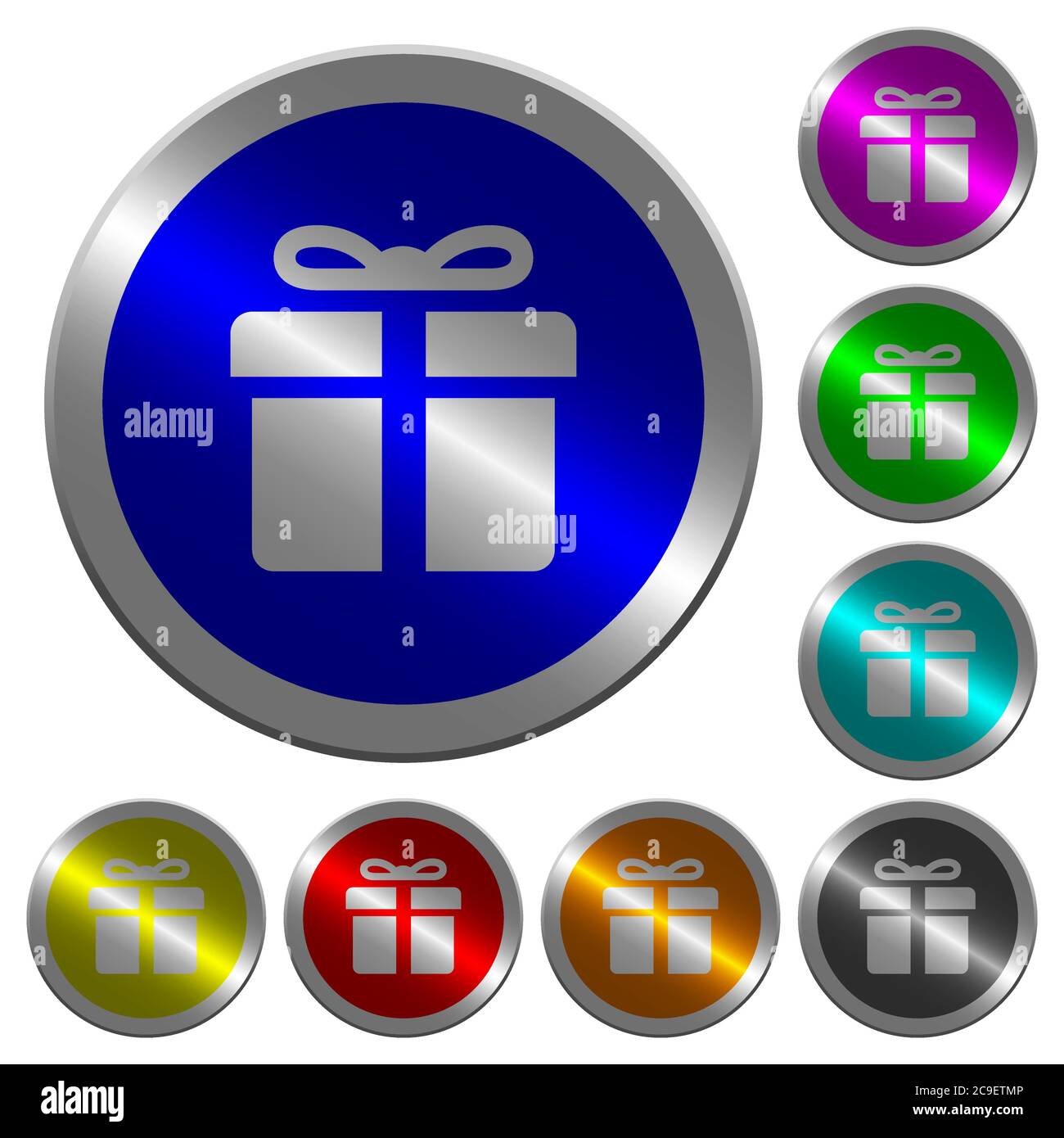 Gift box icons on round luminous coin-like color steel buttons Stock ...