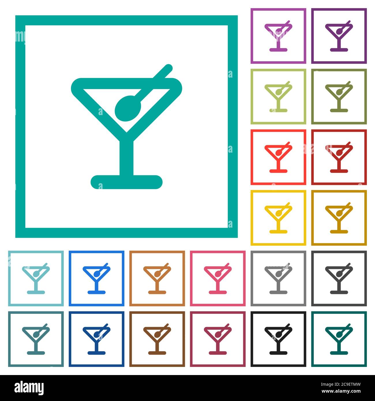 Cocktail flat color icons with quadrant frames on white background ...