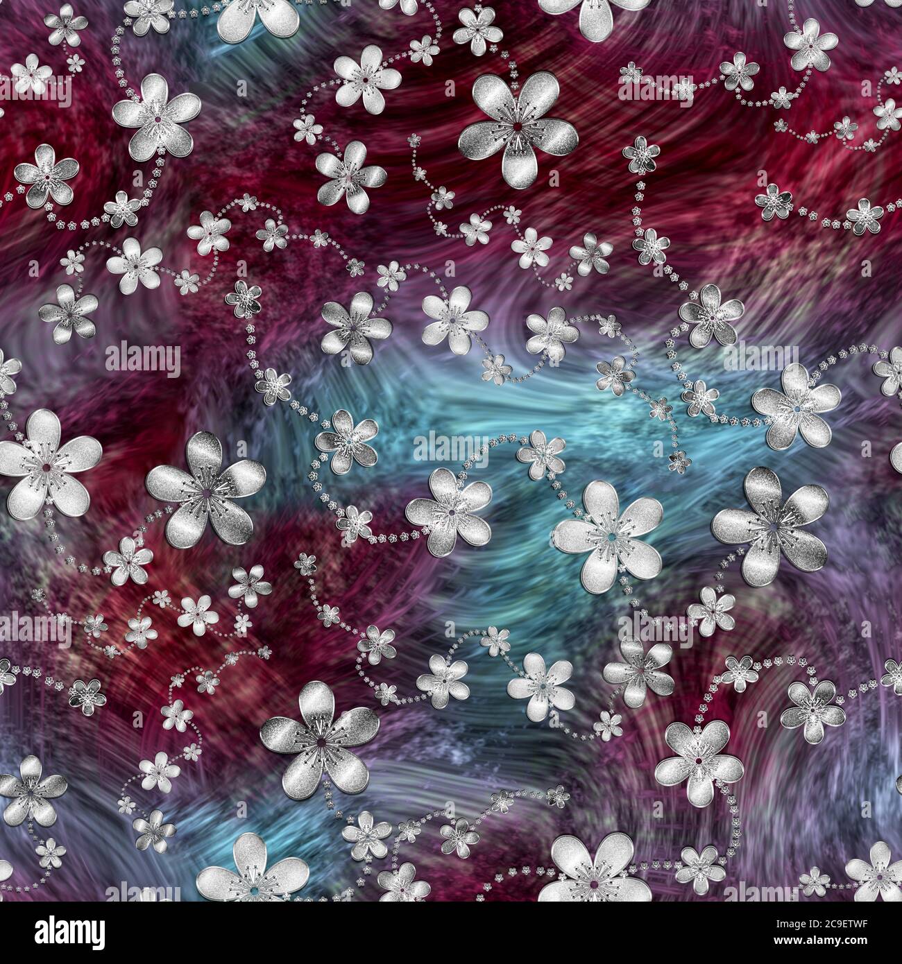 Seamless pattern with silver flowers. Background in dark red and light ...