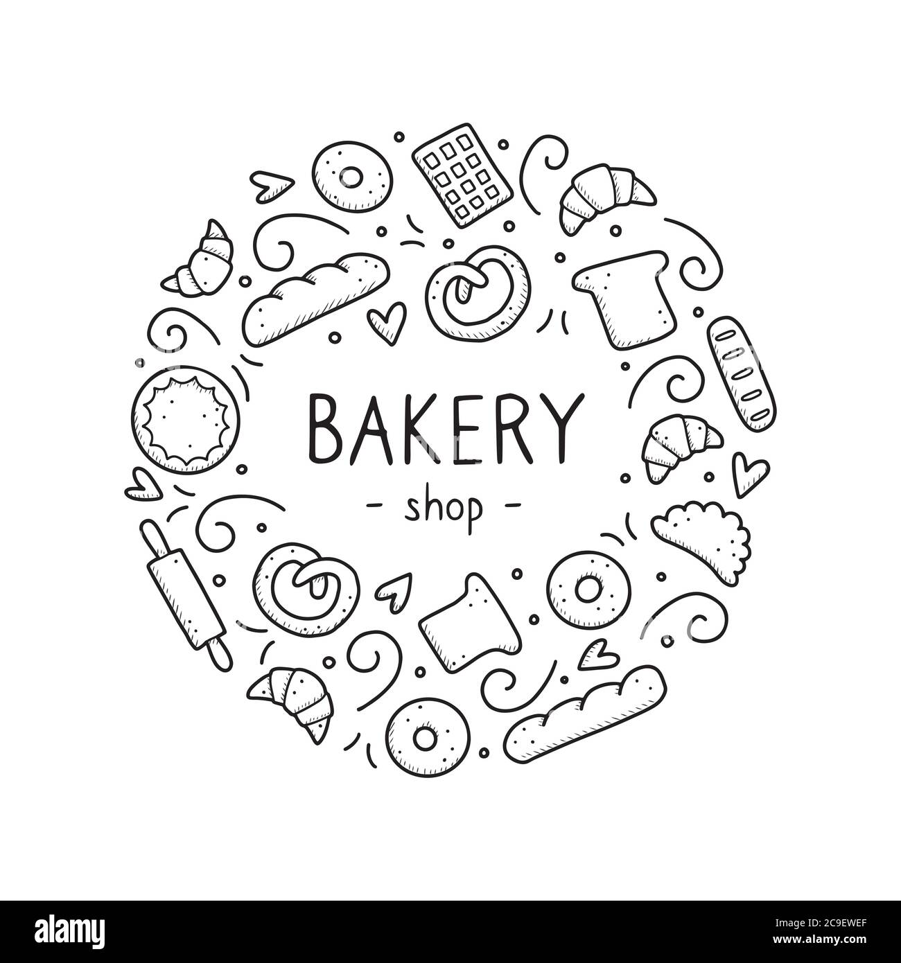 Hand drawn set of bakery and baking elements, bread, pastry, croissant, cake, donut. Doodle ...