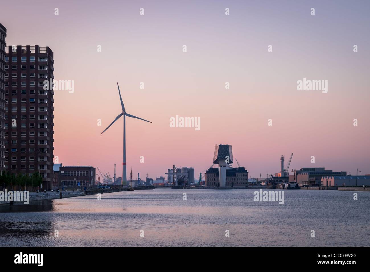 Modern Port house at sunset. The design was created by Zaha Hadid, her ...
