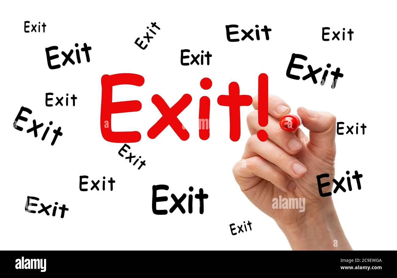 The word exit written multiple times by a male hand with red marker pen ...