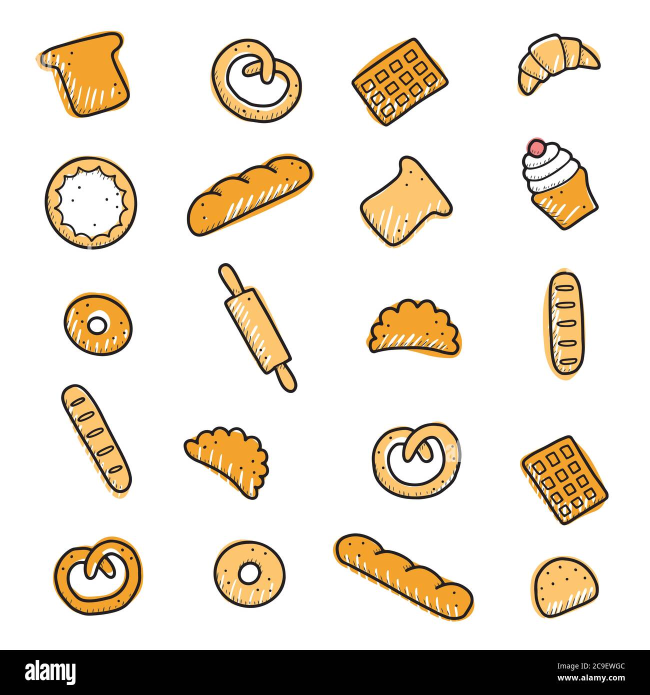 Hand drawn set of bakery and baking elements, bread, pastry, croissant ...
