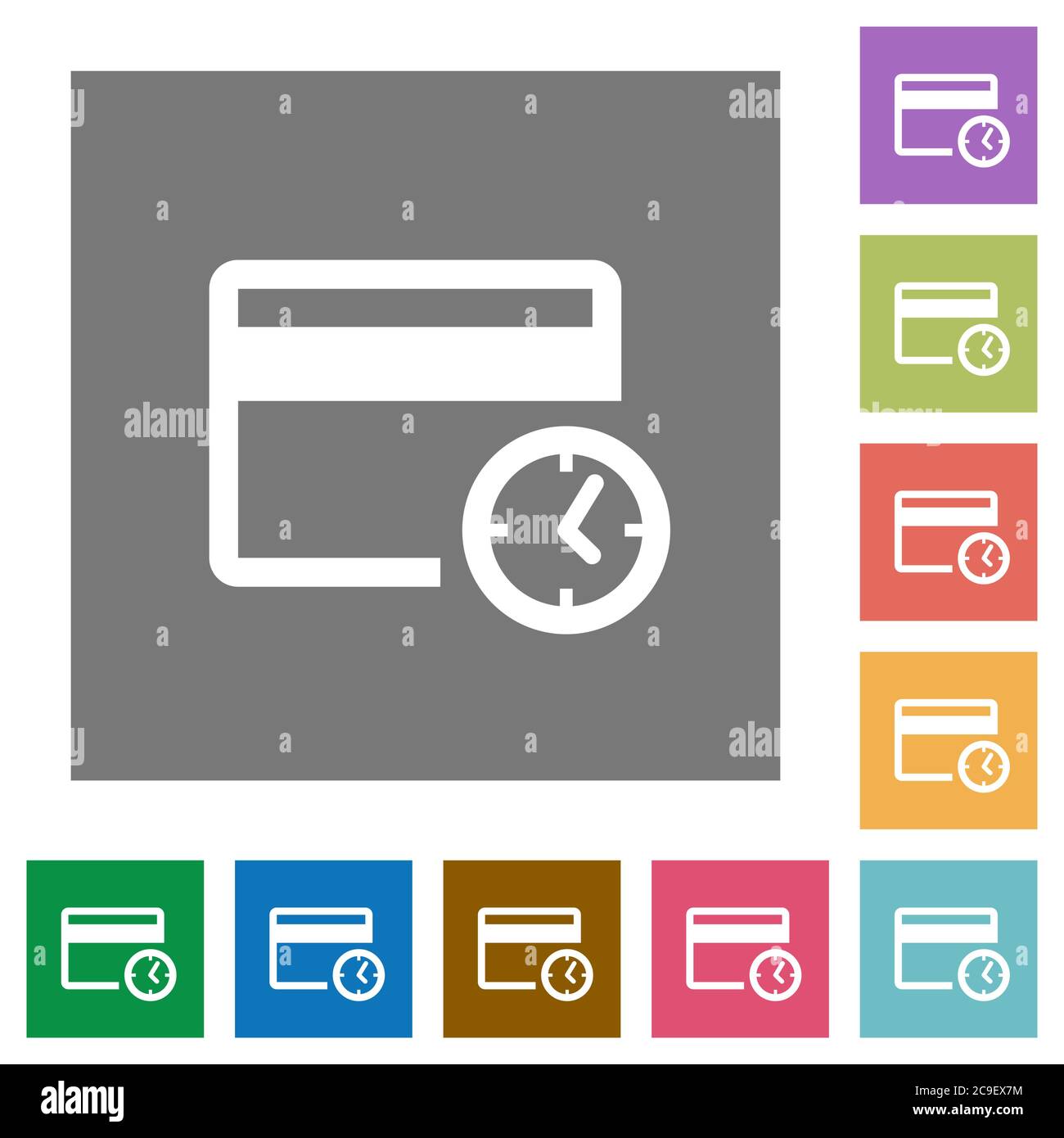 Credit card transaction history flat icons on simple color square ...
