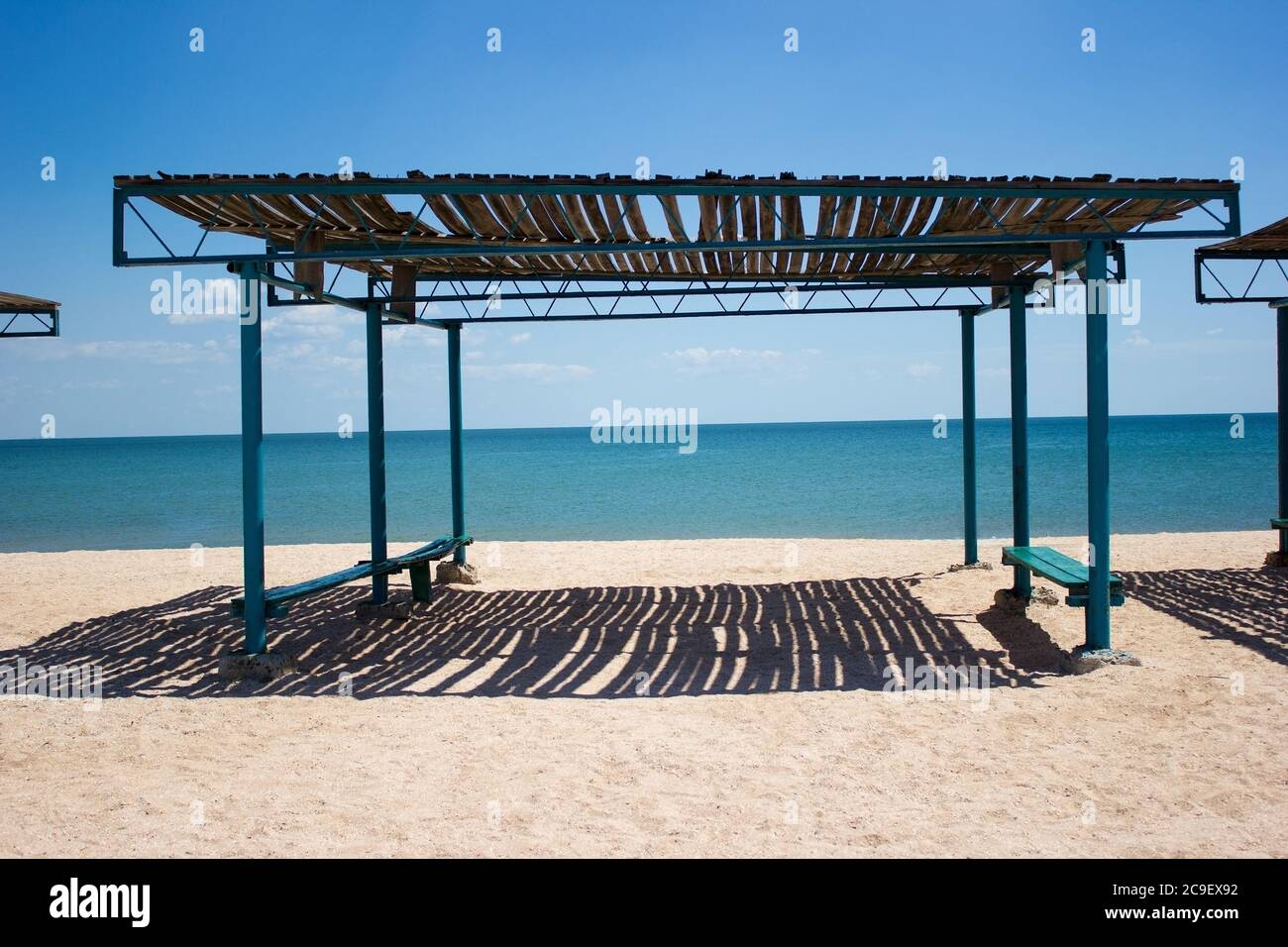 Sea water beach rest, landscape shelter from the sun, clouds sky Stock ...
