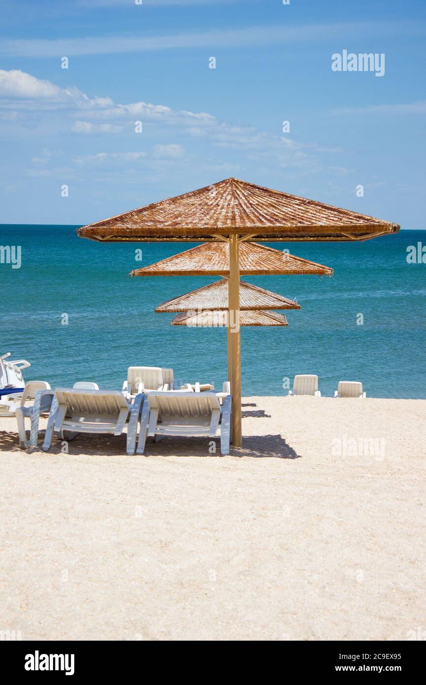 Sea water beach rest, landscape shelter from the sun, clouds sky Stock ...