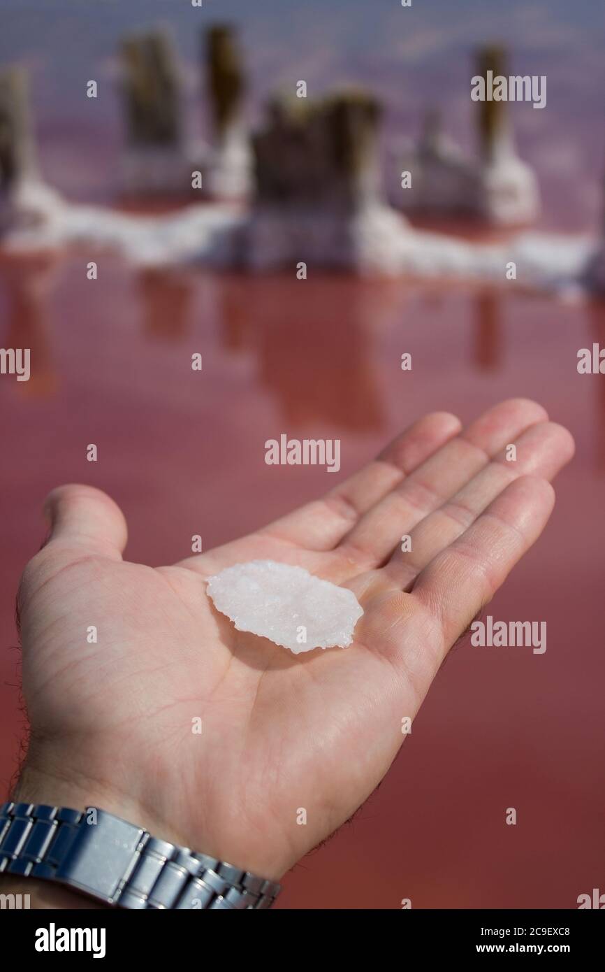 Male hand with a piece of salt on a pink water background in a salt ...