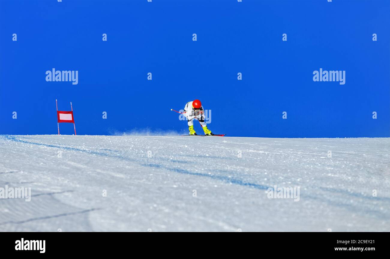 alpine skiing race. man mountain skier in background blue sky Stock ...