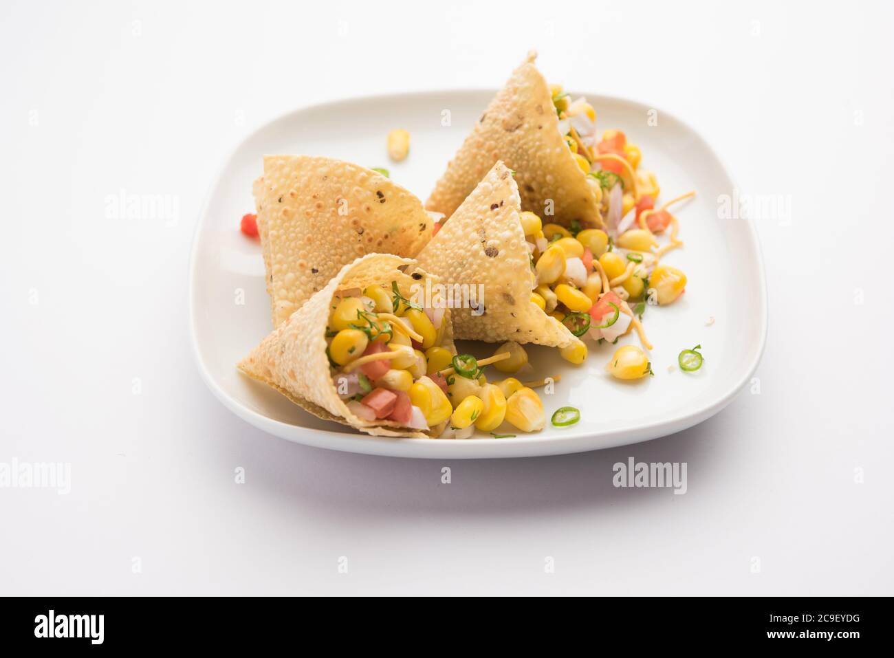 Corn chat / chaat in papad cone, popular indian starter menu Stock ...