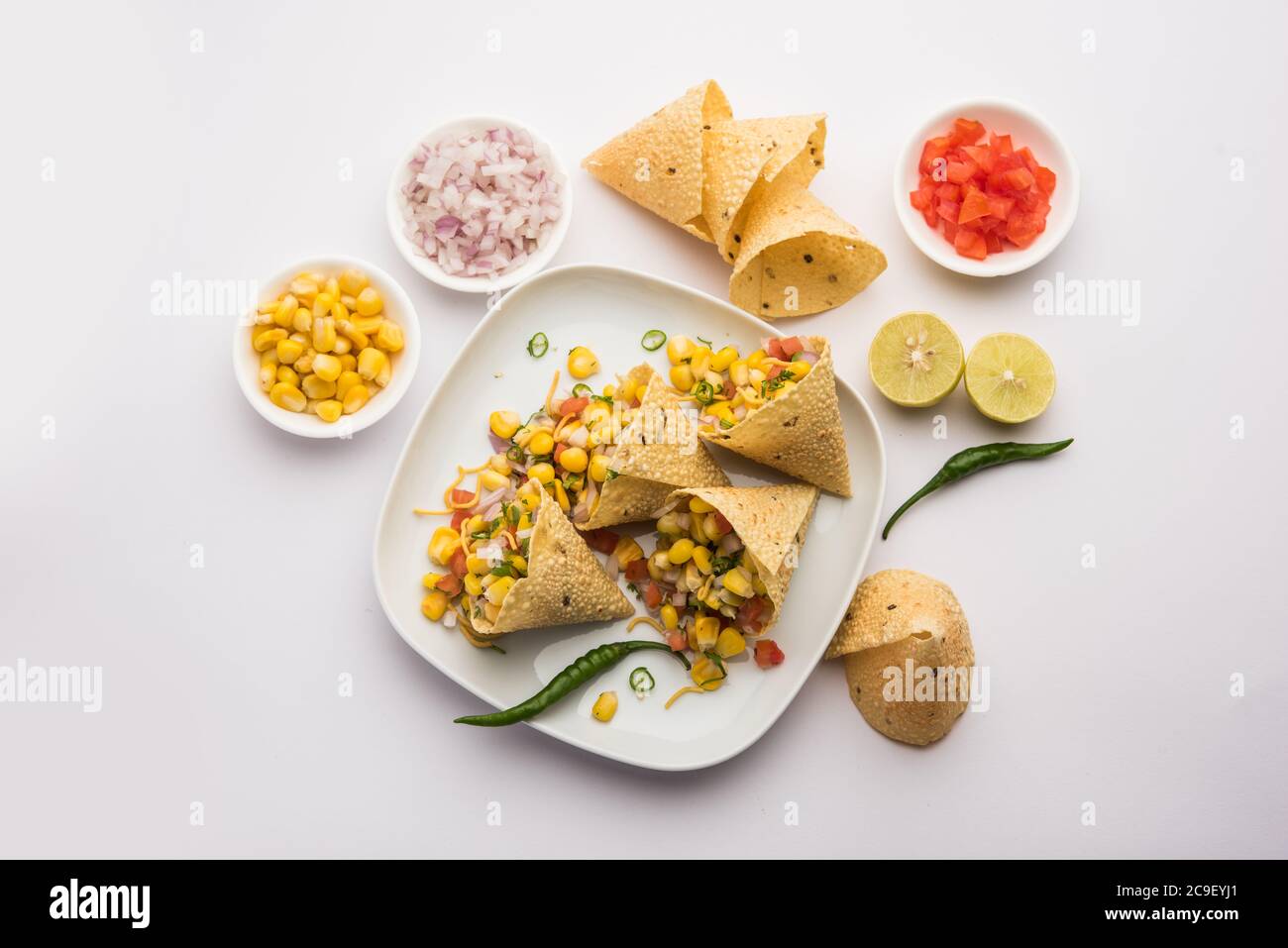 Corn chat / chaat in papad cone, popular indian starter menu Stock ...