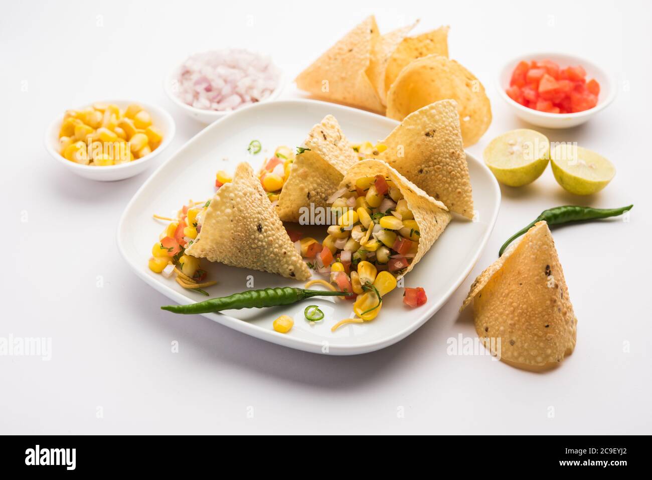 Corn chat / chaat in papad cone, popular indian starter menu Stock ...