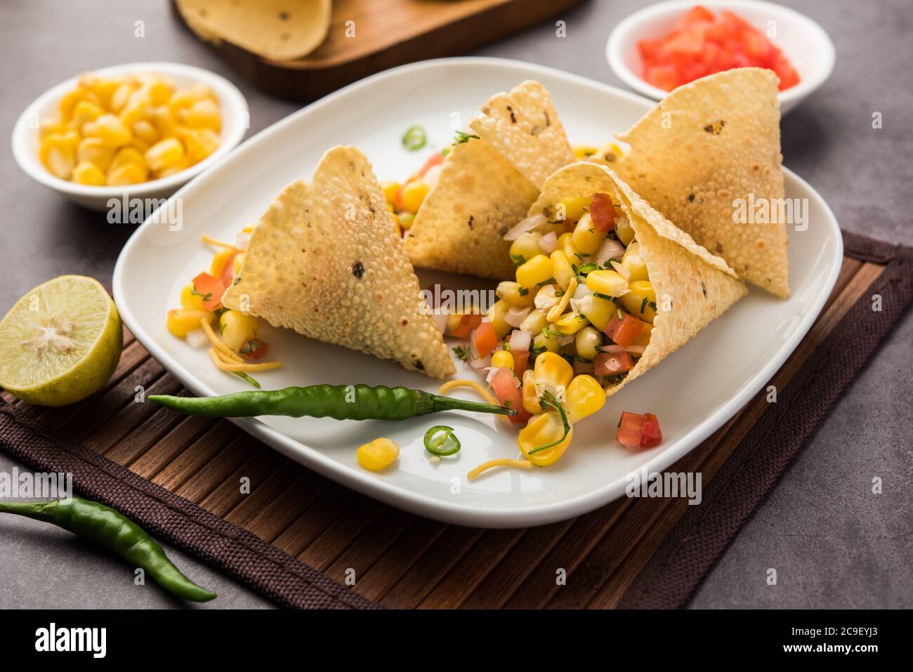 Corn chat / chaat in papad cone, popular indian starter menu Stock ...