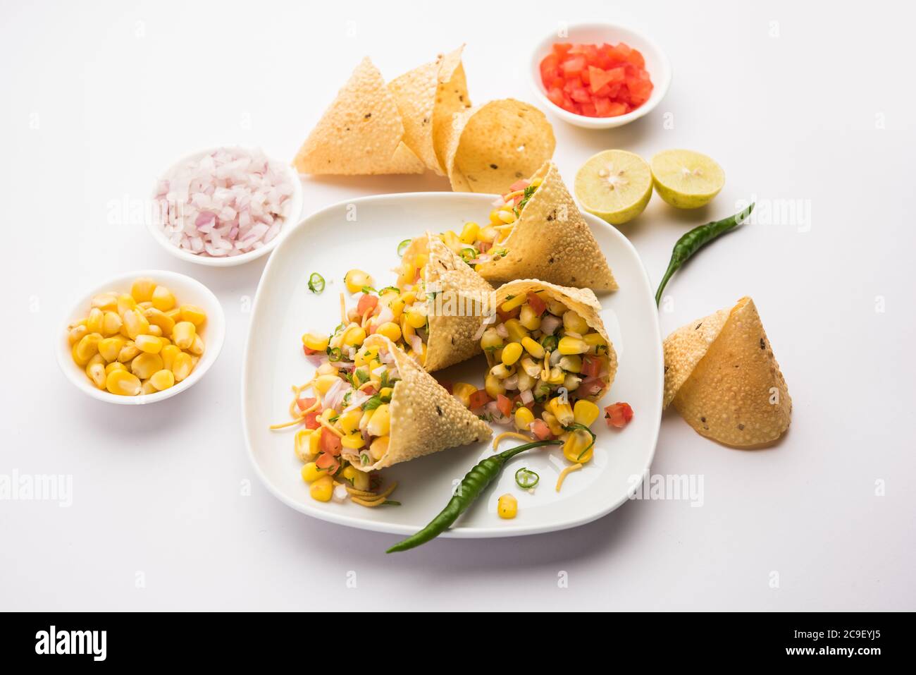 Corn chat / chaat in papad cone, popular indian starter menu Stock ...